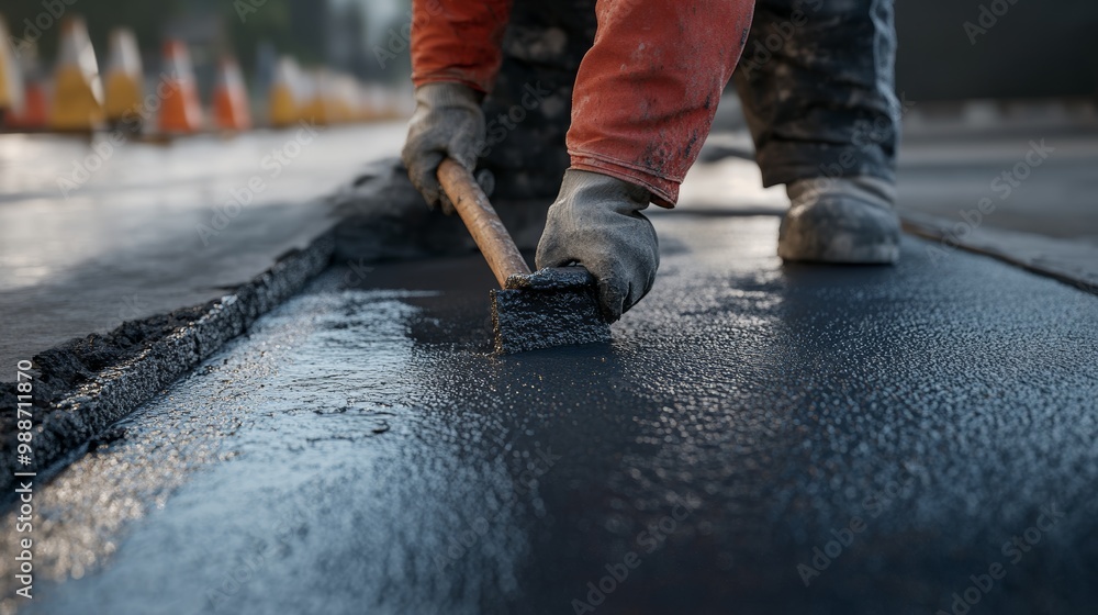 Construction Worker Applying Bitumen Mastic with Trowel on Flat Roof ...