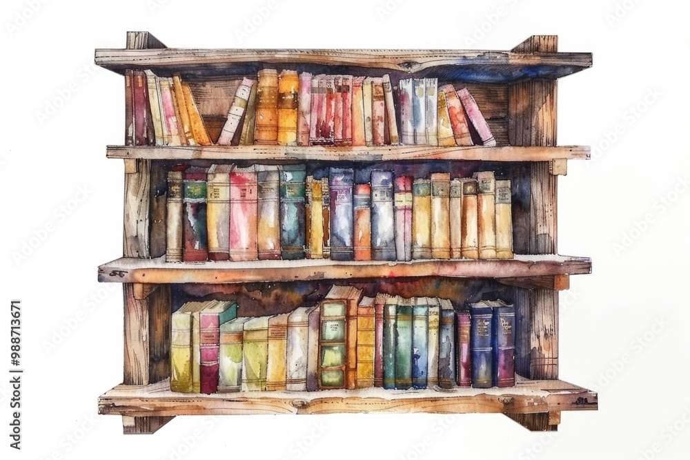 Book Shelf Drawing. Watercolor Painting of Bookshelf with Books in a ...