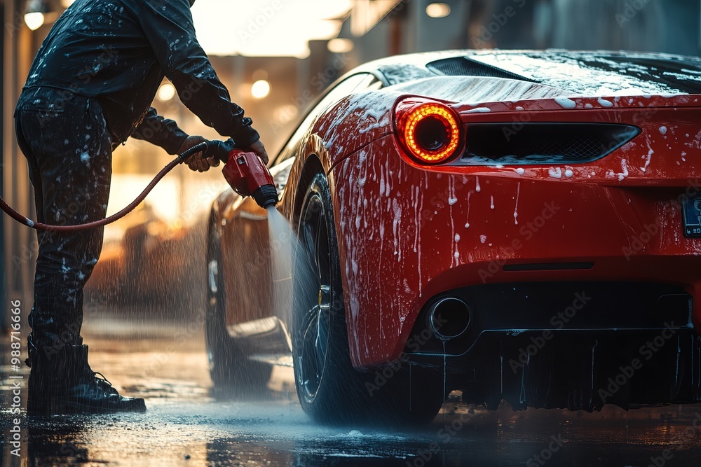 A dynamic image of a car wash expert using a high-pressure water washer ...