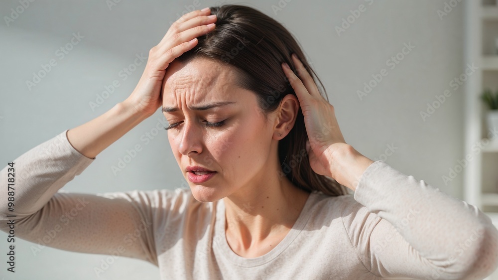Woman experiencing a severe headache clutching her forehead and ...