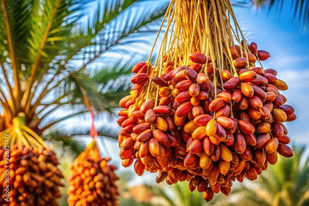 A bunch of juicy dates dangle from the palm tree, embodying the ...