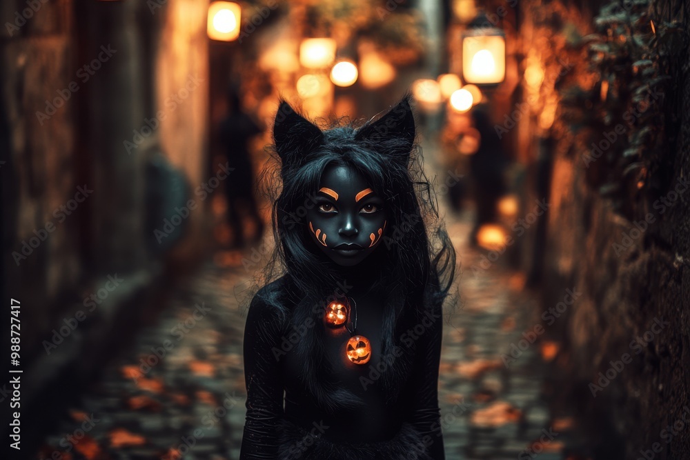 Full body shot of an African girl dressed as a black cat, with face ...