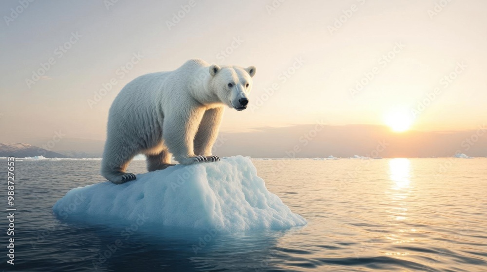 Polar bear on a shrinking iceberg with the sun setting behind, a symbol ...