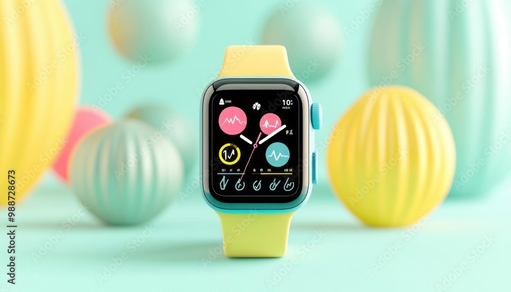 Fitness tracking with pastel smartwatch and exercise icons, minimalist ...