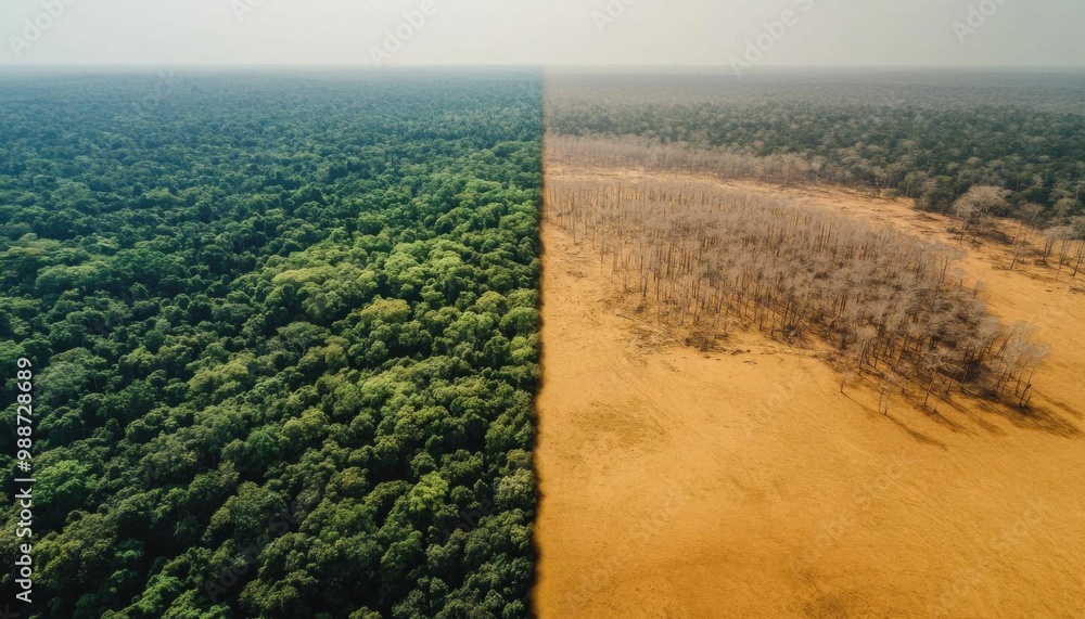 Forest transitioning from lush green to dry desert, illustrating ...