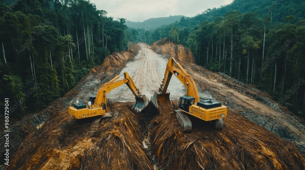 Industrial machines tearing into a forest, visualizing deforestation ...
