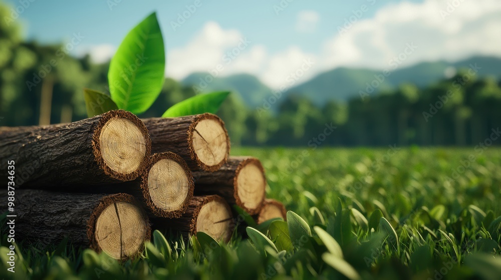 Deforestation Concept with Logs and Greenery Stack of cut logs ...