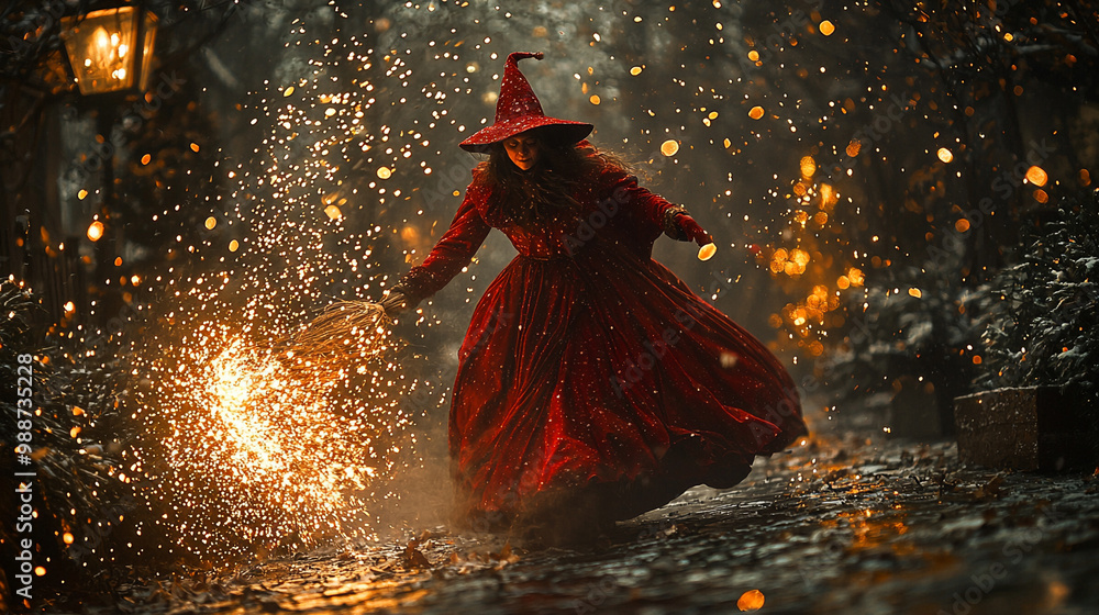 Magical Witch. A witch in a red cloak creating sparks with a broom in a ...