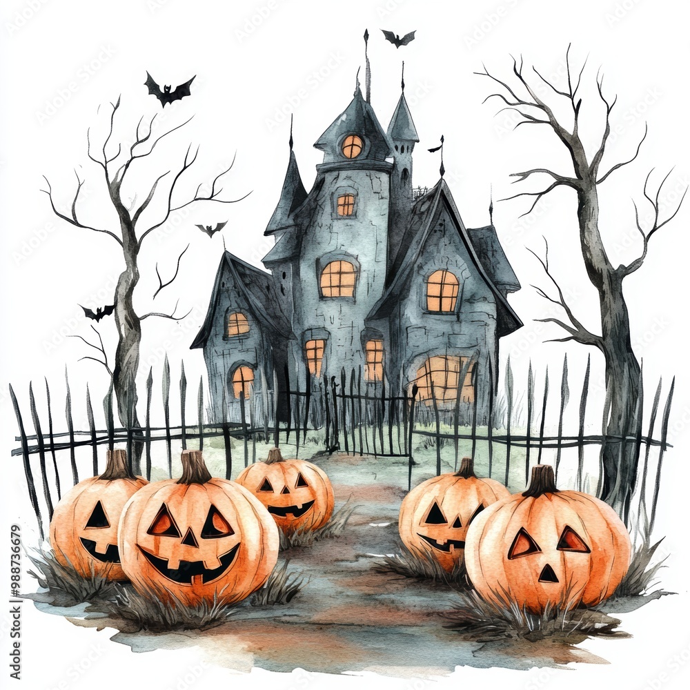 Watercolor, cute and creepy Halloween-themed clipart with a haunted ...