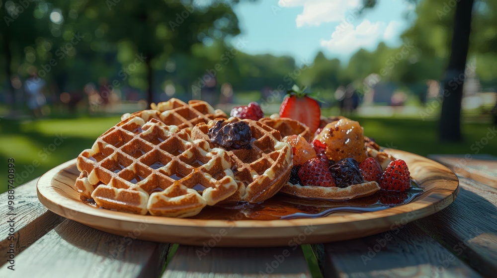 Realistic photograph of a flight of varying different types of waffles ...