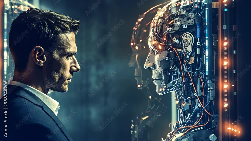 Businessman facing digital twin or AI avatar, futuristic technology ...