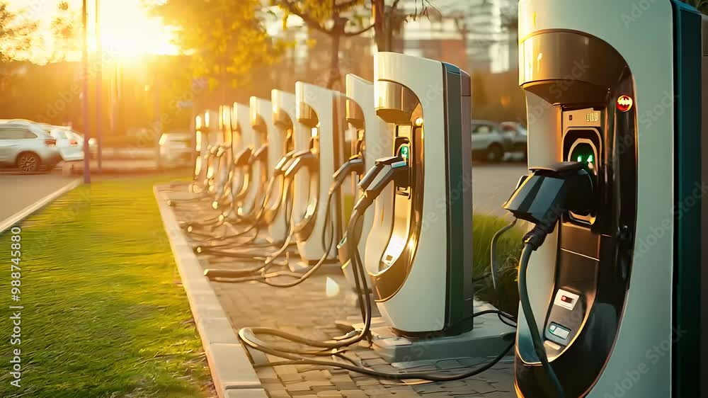 Row of electric vehicle charging stations at sunset, showcasing ...