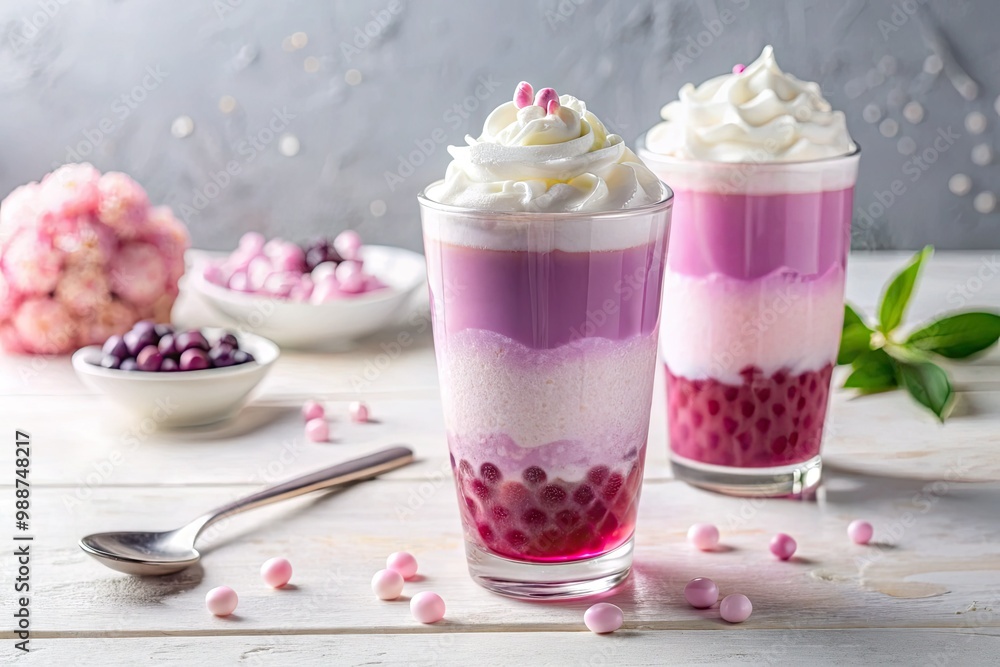 Fruity fusion of pink and purple hues, tapioca pearls, and fluffy ...