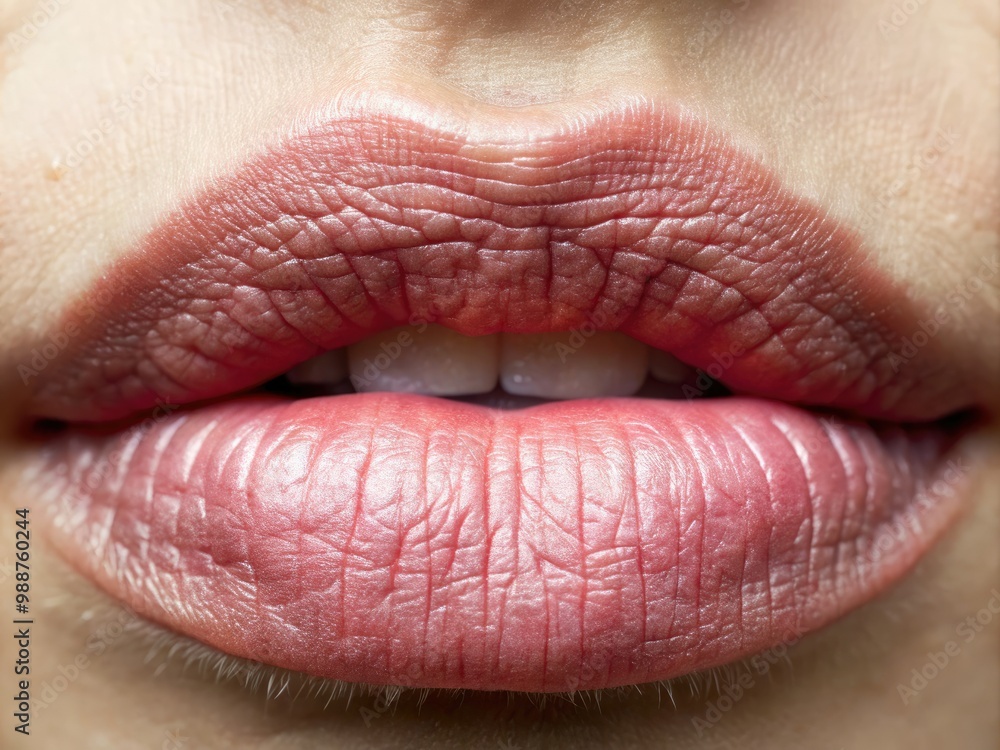 The lip exhibits a topography of tiny bumps, its surface etched with ...