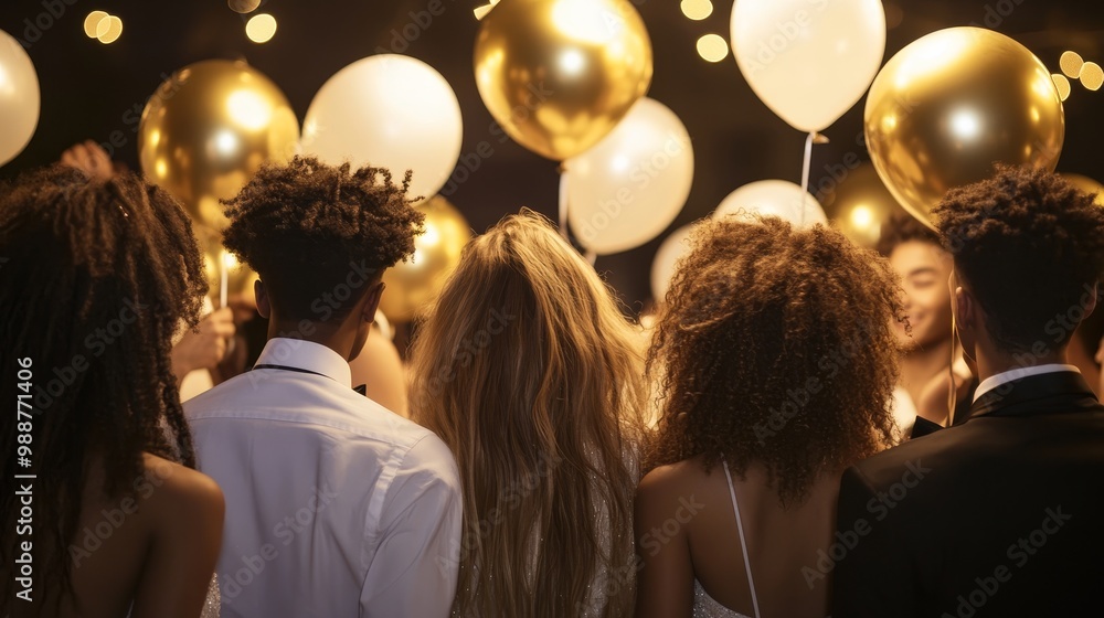 Group of multi-ethnic teenagers at prom, wearing formal prom dresses ...