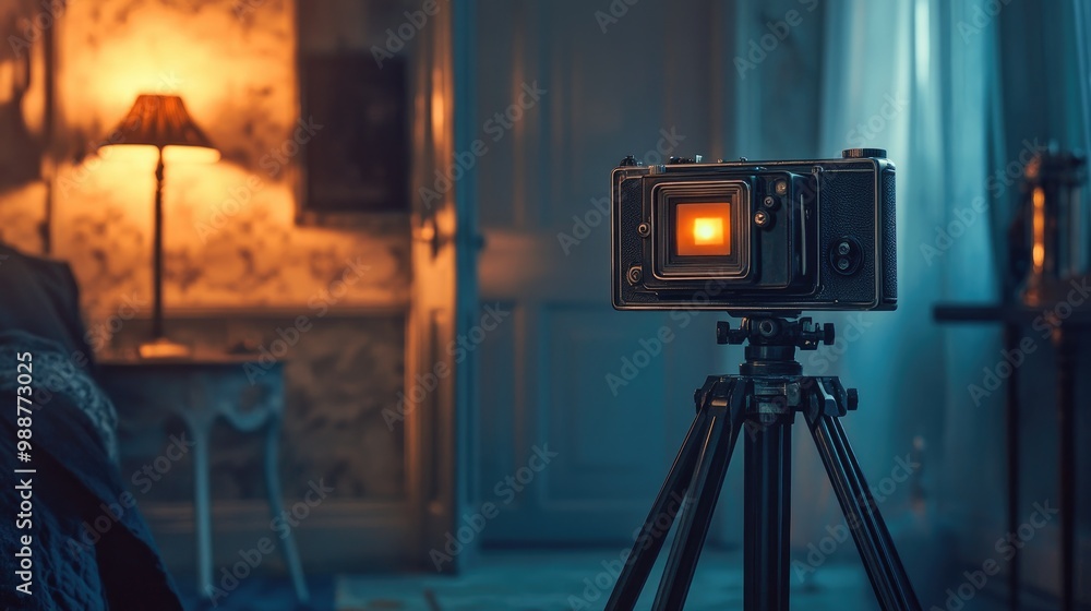 An old-school camera set on a tripod, ready to shoot in a dimly lit ...