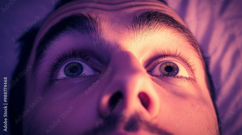 a photo of the face of an insomnia man, his eyes are wide open and alert, gazing upward with a ...