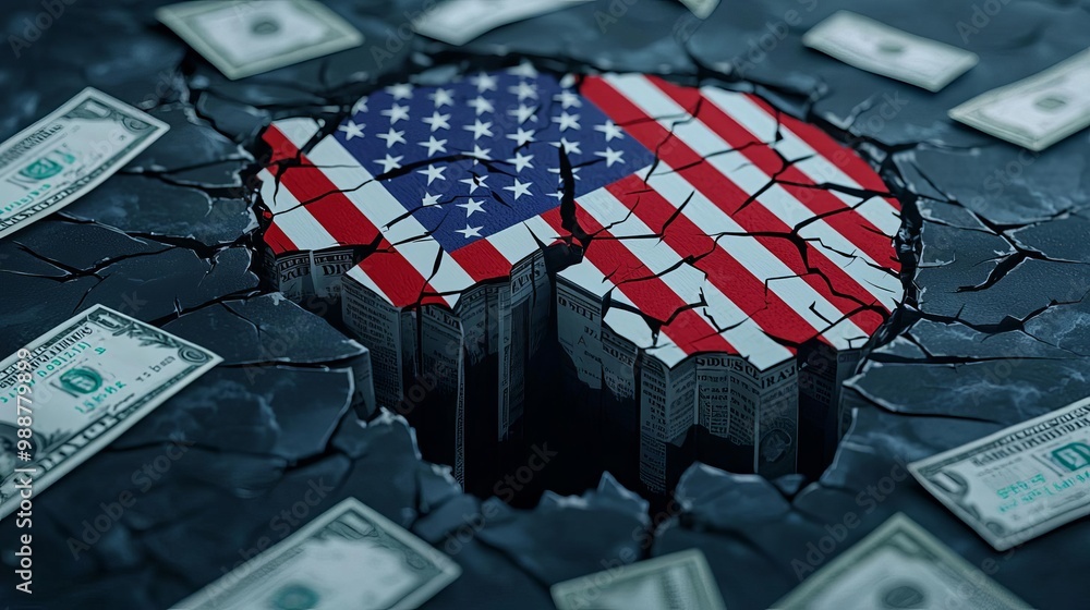 National debt crisis illustrated by a cracked and sinking national ...
