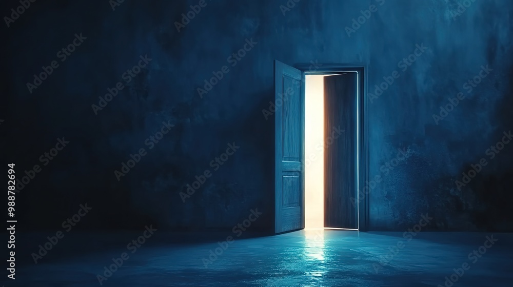 A door in the dark room opens, and light shines through, illuminating ...