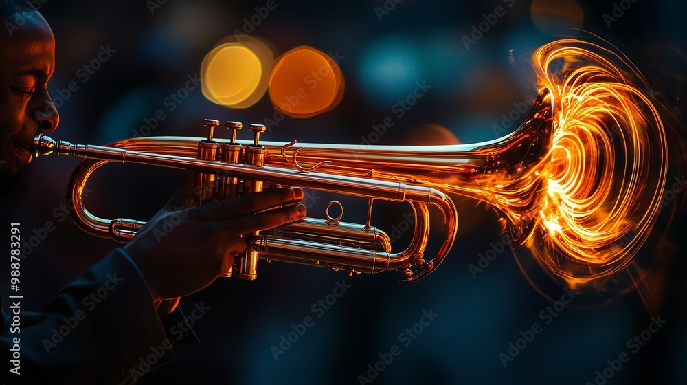 Trumpet blasting vivid, bold sound waves into a jazz bar, visualizing ...