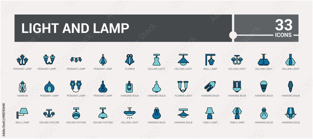 Light and lamps colorful icons set. Set of ceiling light. Outline icon ...