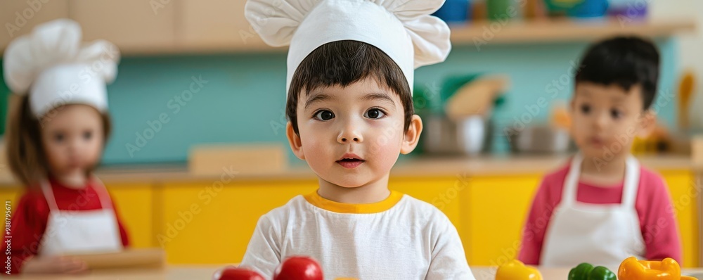 Children playing in a pretend kitchen area, role-playing as chefs in ...