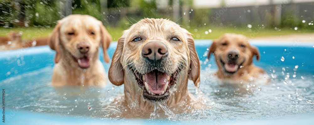 Dogs splashing in a shallow pool during water play at a doggy daycare ...