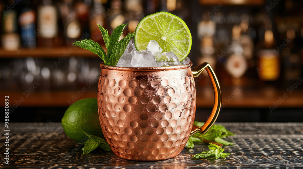 Copper mug cocktail with crushed ice, fresh mint, and lime slice on a ...