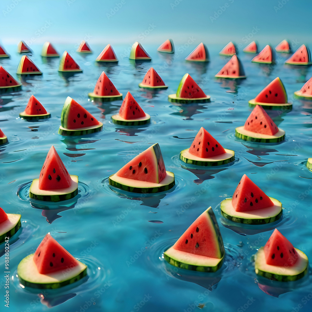 Tilt-shift miniature world with a cartoon style watermelons floating in ...