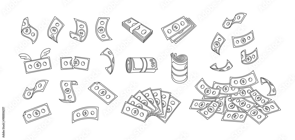 Doodle banknotes. Money bills stacks, falling finances and flying cash ...
