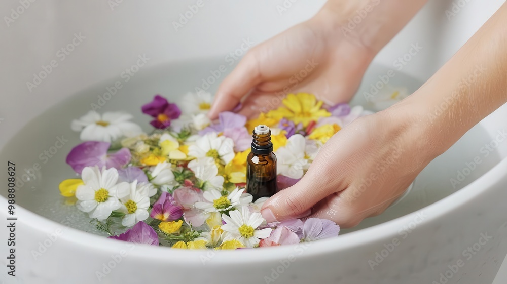 Person soaking in a tub with essential oils and flower petals, creating ...