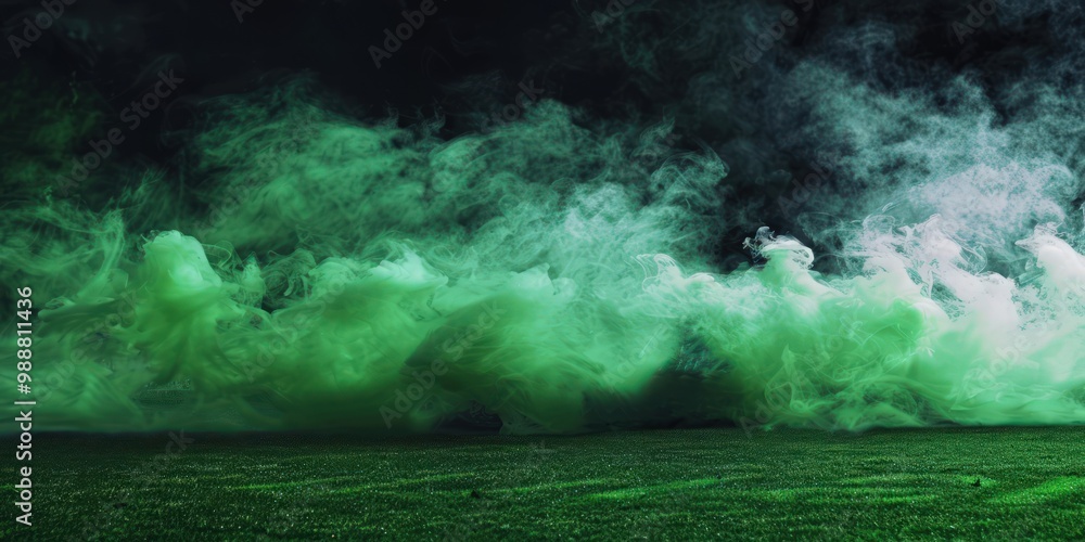 Green smoke backdrop, dark ground, toxic fog, stadium mist, green grass ...