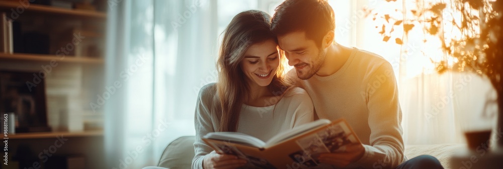 Intimate moment of a couple sharing memories from a photo album, soft ...