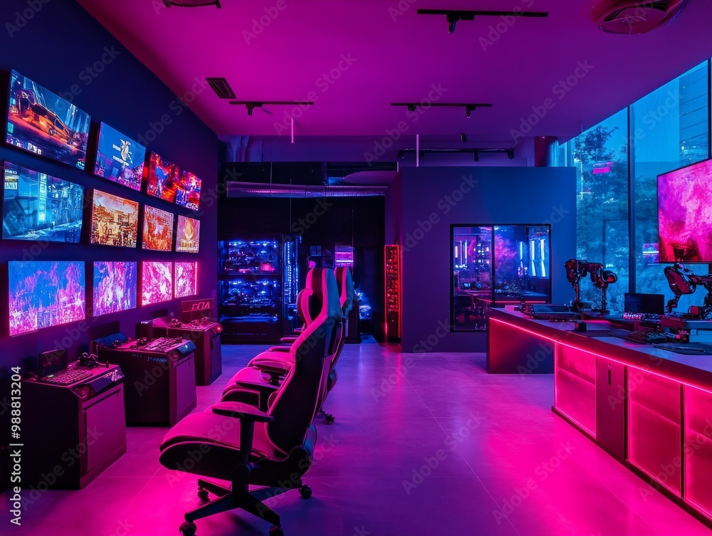 This unique entertainment room showcases vibrant lighting with glowing ...
