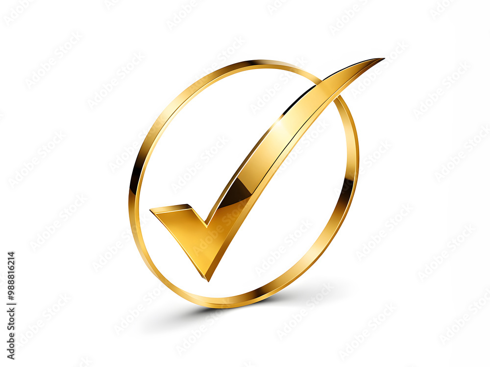 Shiny golden curve check mark in circle box symbol on white background ...