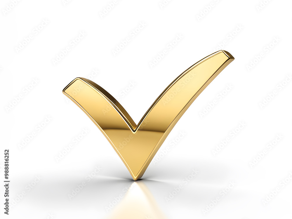 Shiny golden round curve check mark symbol on white background ...