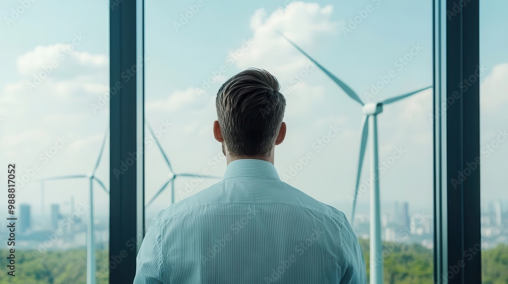 A man looking wind turbines spinning outside a modern office window as ...