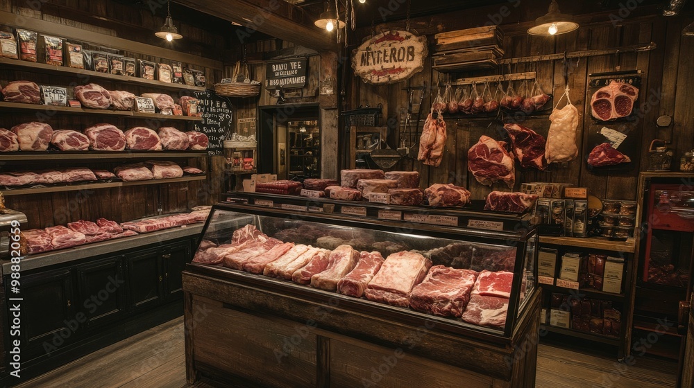 Fresh cuts of meat displayed in a vintage butcher shop setting, with ...