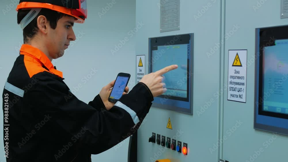 Engineer operates control panel with mobile phone in industrial ...