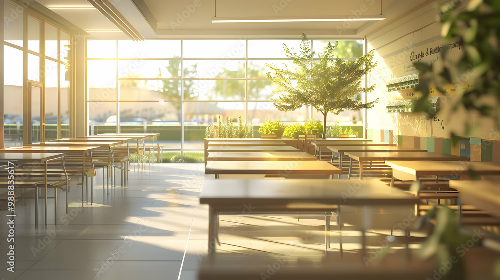 Modern School Cafeteria with Sunlight Streaming Through Large Windows ...
