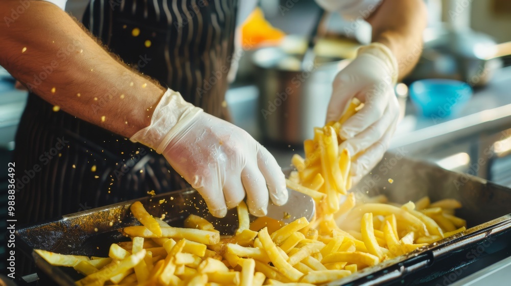 A chef prepares a tray of golden, crispy French fries, tossing them ...