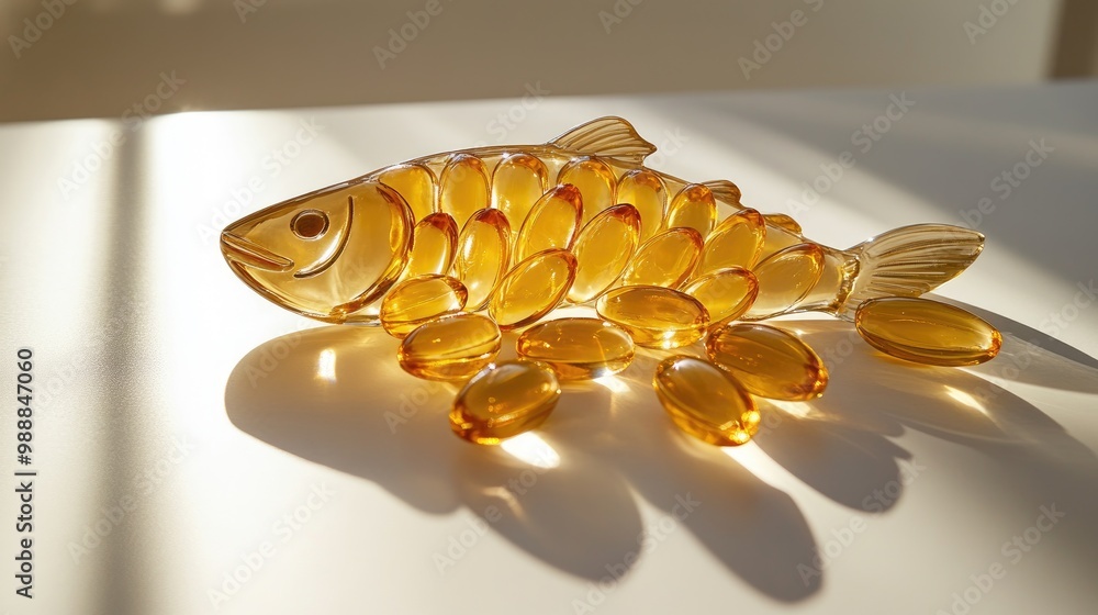 Omega 3 fish oil capsules shaped like fish, displayed against a clean ...