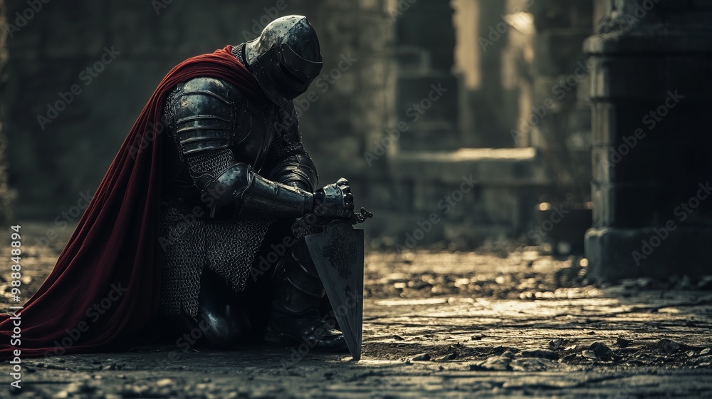 Kneeling knight. A knight in full suit of armor is kneeling and leaning ...