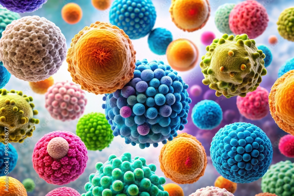 Microscopic view of stem cells differentiating into various cell types ...