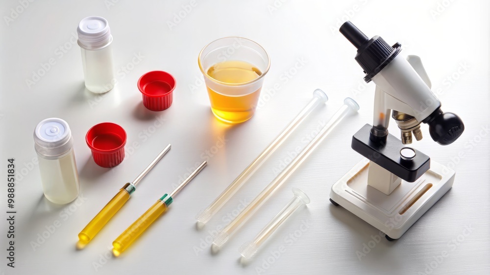 A detailed illustration of the various components of a urinalysis kit ...