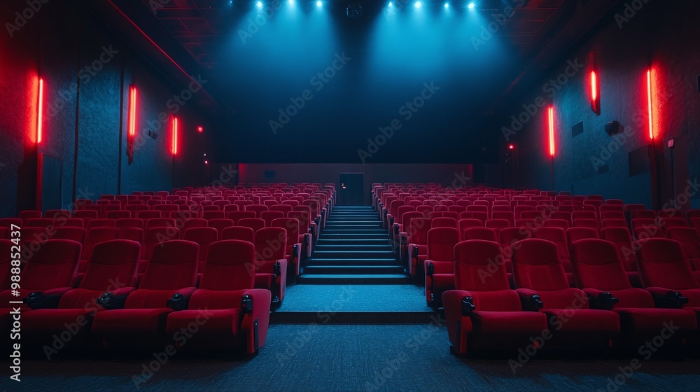 plush red seats in an empty movie theater, rows of cinema chairs inside ...