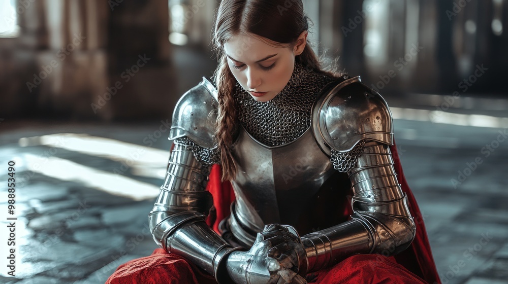 Kneeling female knight. A female knight in full armor kneels and leans ...