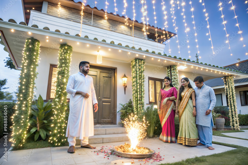 House decorated for Diwali. Indian Family Celebrating Diwali on Their ...
