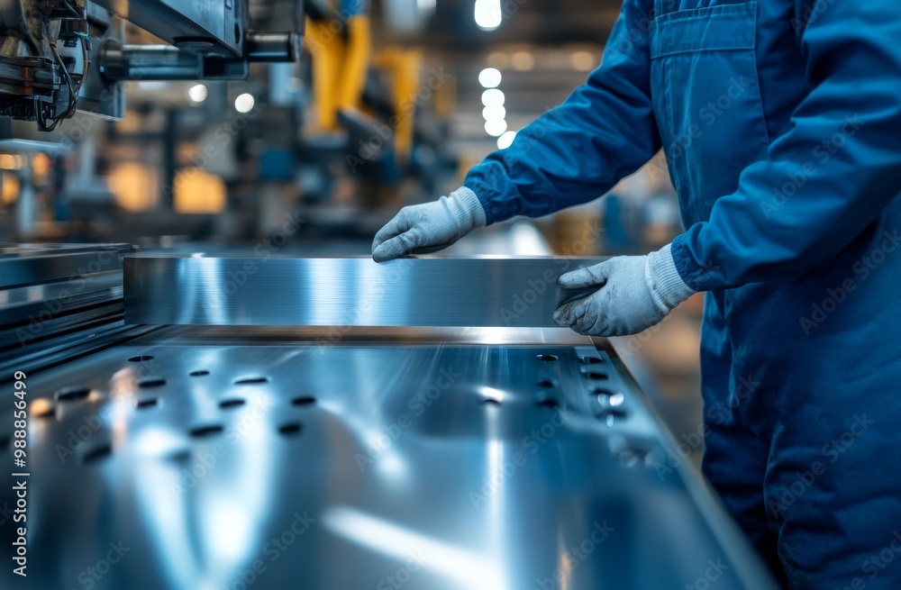 Blue metal sheet production line in a factory, a worker holding a steel ...