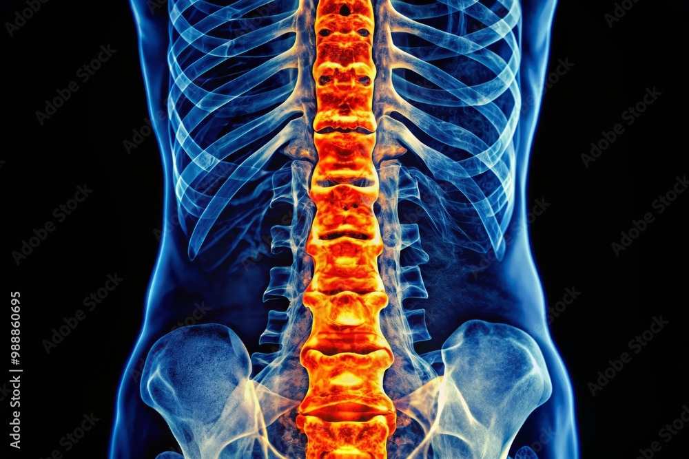 High-contrast scan image of a spinal column with herniated disks and ...